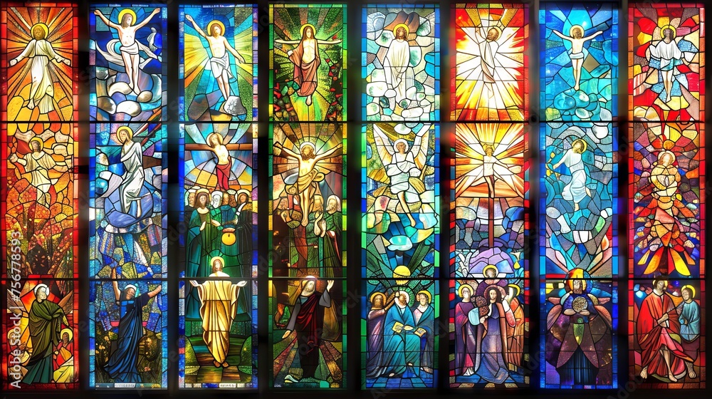 Christian lore unfolds in this array of stained-glass panels. Each ...
