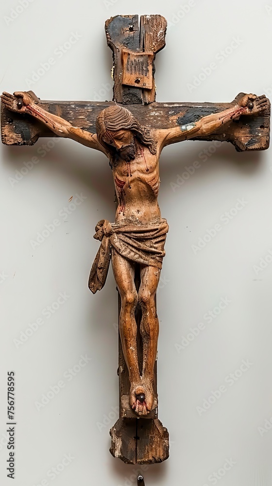 Crucified Jesus Christ, carved in wood. Sculpture of Christ on cross. Crucifix of the Savior ...