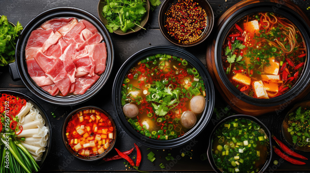 Chinese hotpot with broth, meat, vegetables in bowls, top view ...