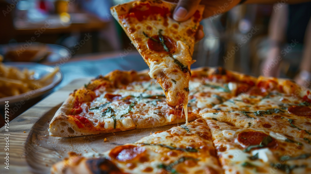 Happy people eat a pizza together - Young friends have lunch together ...