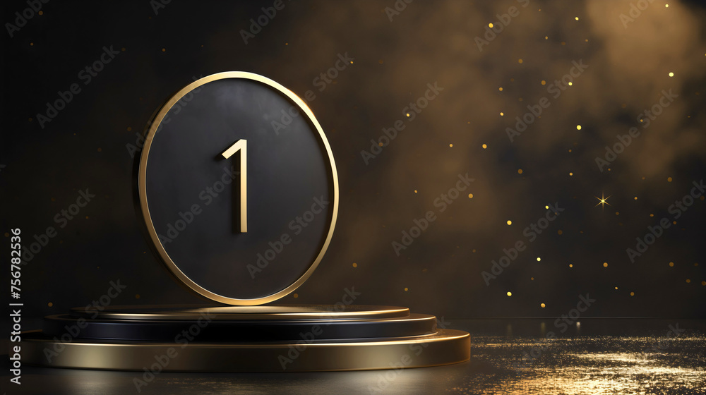 Empty, round, and luxurious black and gold shiny podium background with ...