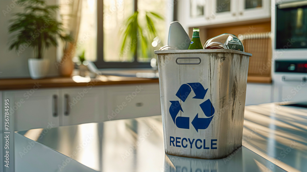 Recycle trash can or trash bin full of garbage or rubbish placed on the ...