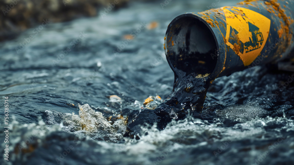Dirty and poisonous black liquid coming out of the pipe and flowing ...
