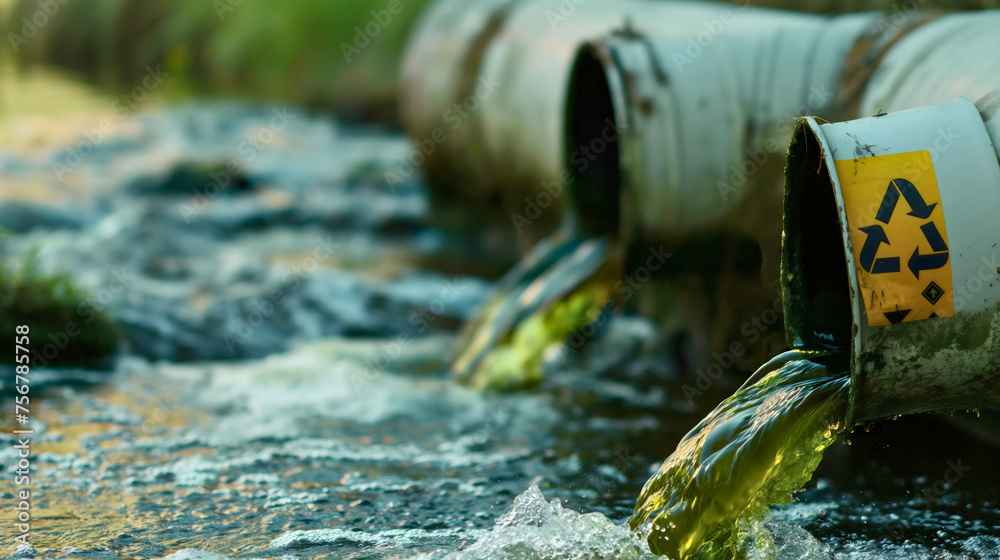 Dirty and poisonous green liquid coming out of the pipe and flowing ...