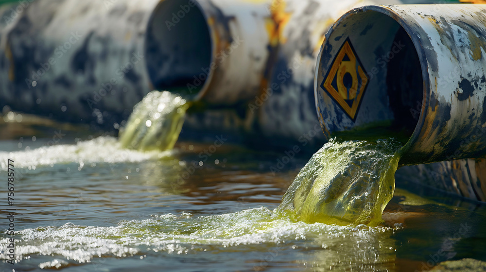 Dirty and poisonous green liquid coming out of the pipe and flowing ...