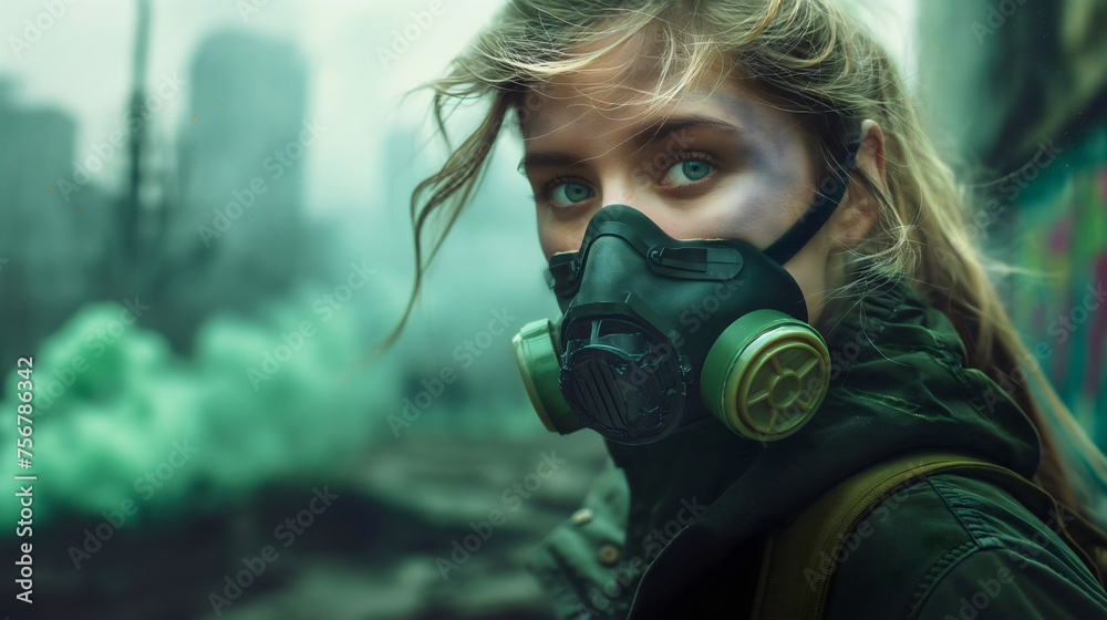 Beautiful young woman wearing a respirator gas mask to protect herself ...