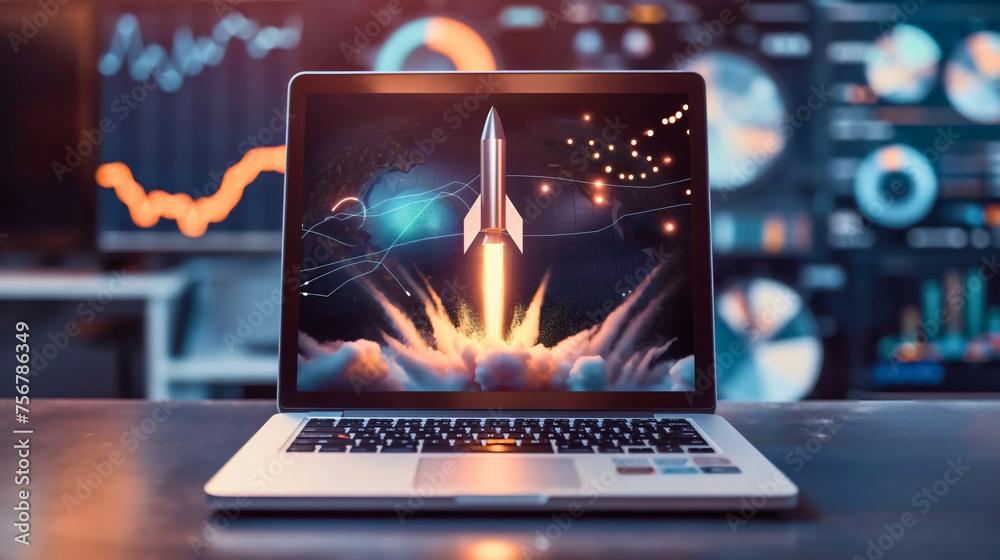 Rocket ship launching on the laptop or notebook display screen, placed ...