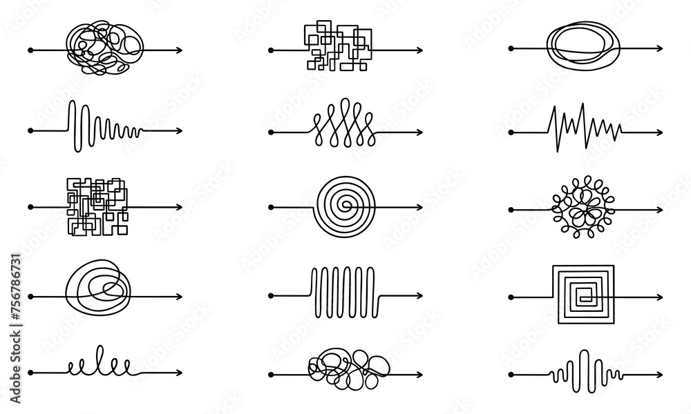 Messy arrow lines doodle set. Tangled scribble path, chaos mindset ... Messy arrow lines doodle set. Tangled scribble path, chaos mindset ...