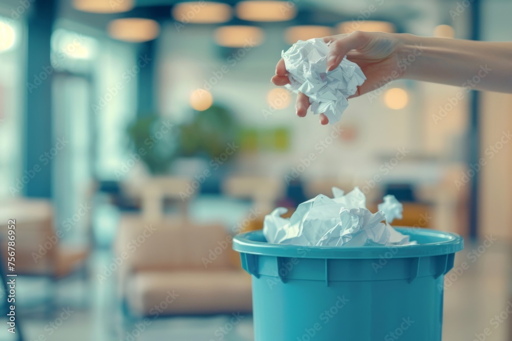 hand throws crumpled paper into the office trash can Stock Photo ...