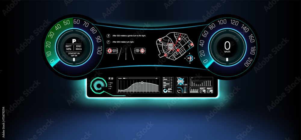 Futuristic Digital Car Dashboard Display with Vibrant Colors and ...