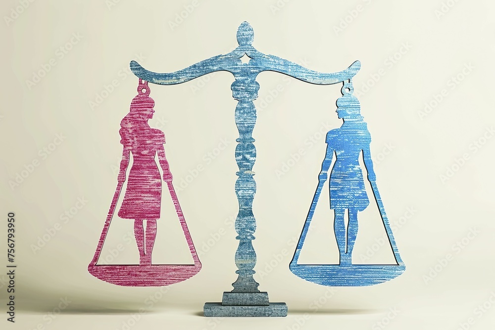 A balanced scale with symbols denoting men and women on each side ...