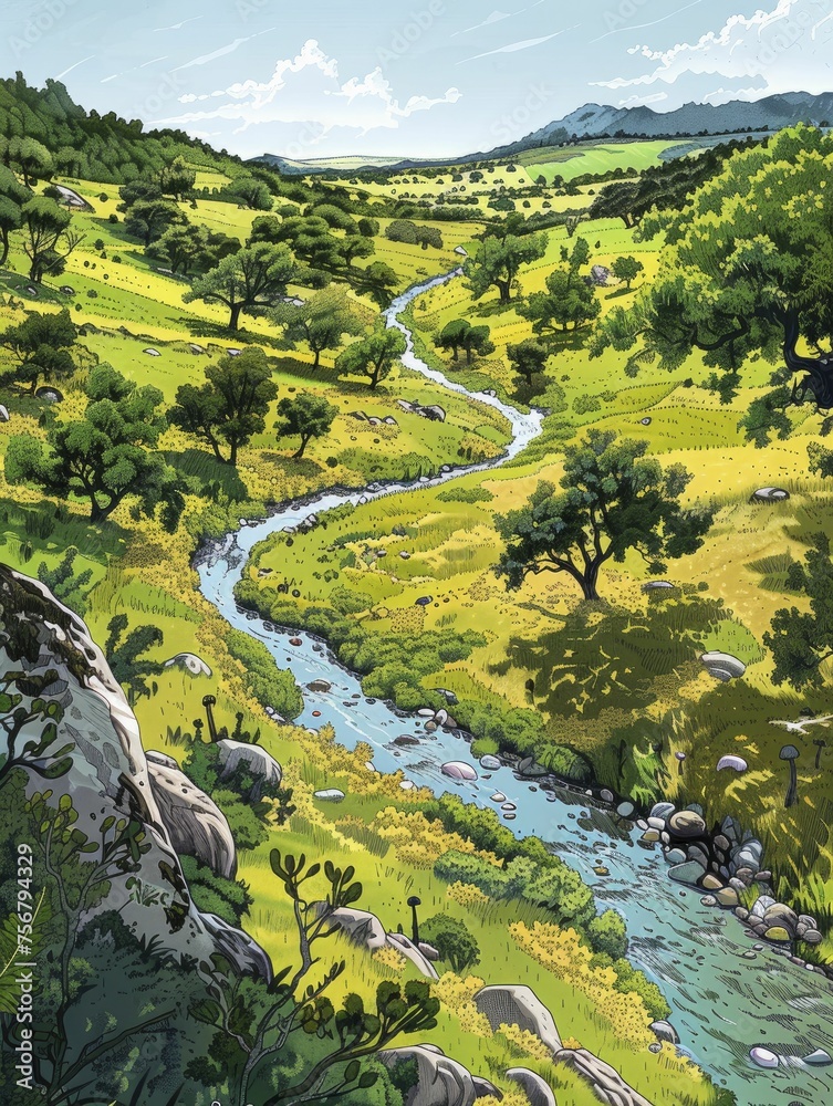 An animated river restoration through reforestation upstream displays ...