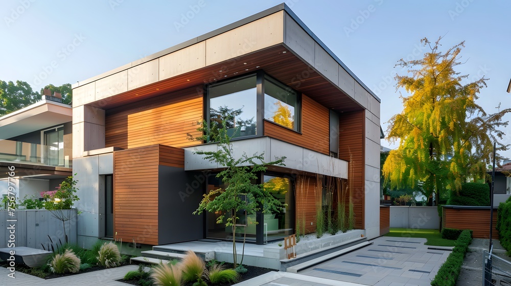 Modern small minimalist cubic house with wooden cladding and concrete ...