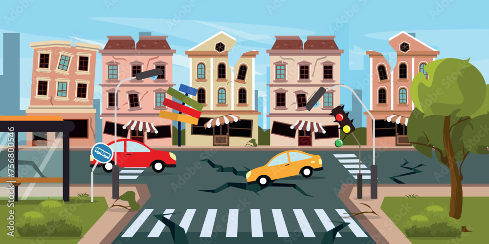 Vector illustration of natural disaster, earthquake. Cartoon cityscape ...