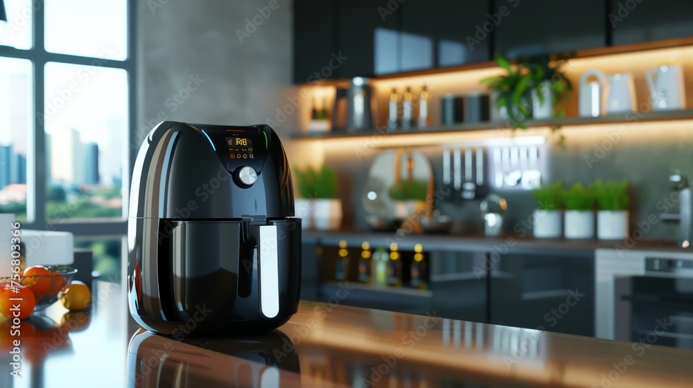 3D rendering of an ultra-modern air fryer with sleek design and smart ...