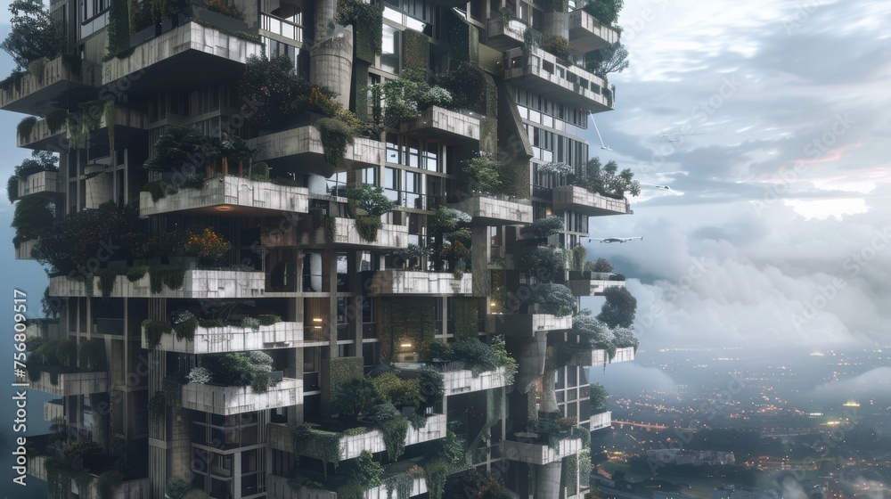Futuristic Neo-Brutalist skyscraper with cantilevered balconies and ...