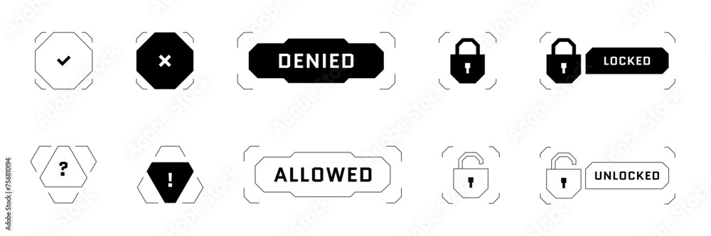HUD digital futuristic user interface access allowed and denied sign. Question and exclamation ...