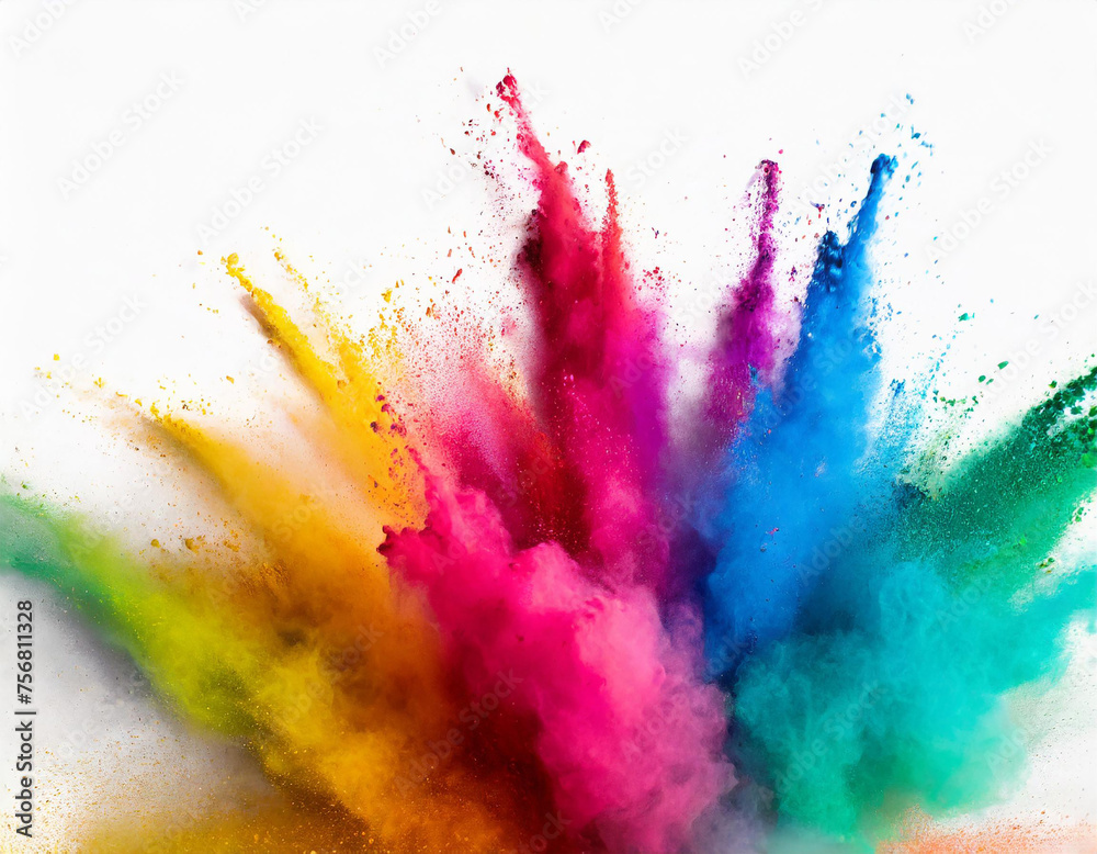 Colorful rainbow Holi paint color powder explosion isolated white wide ...