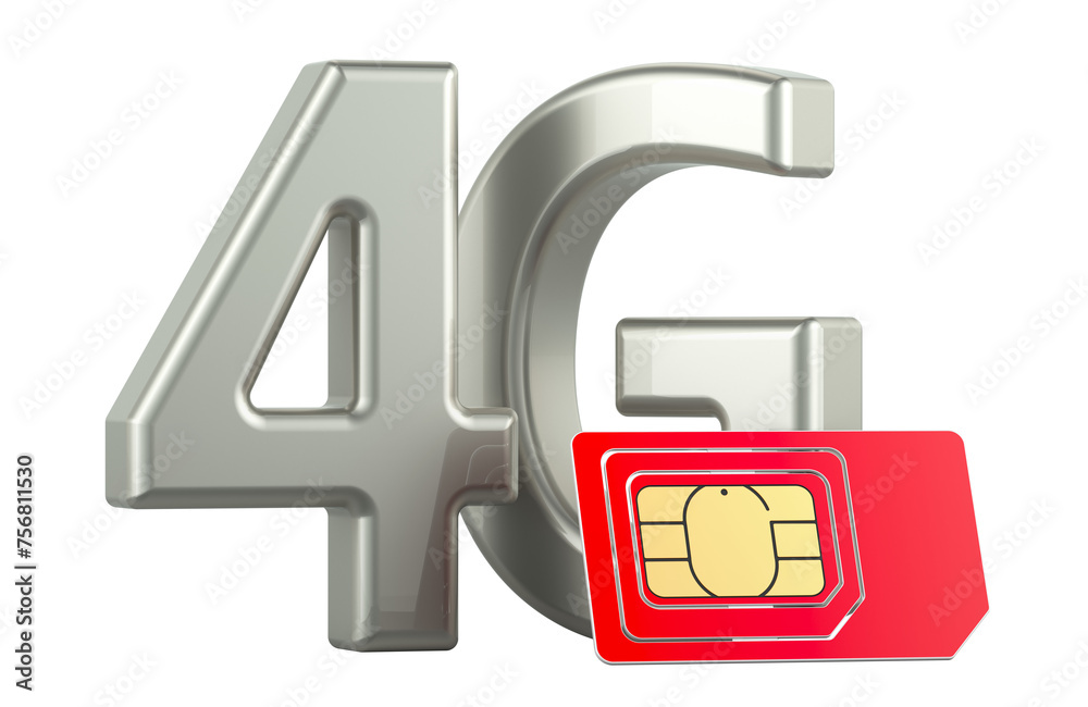 4G concept, with sim card. 3D rendering isolated on transparent ...
