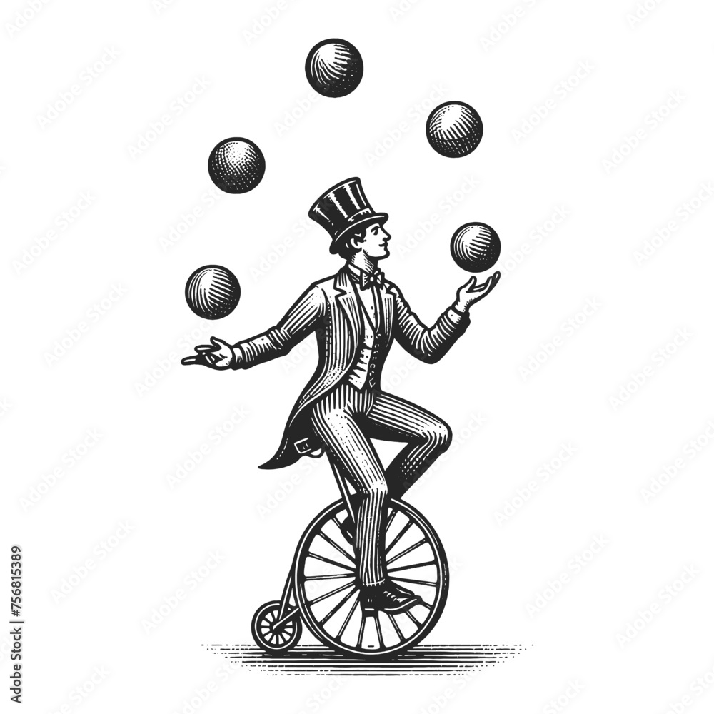 Circus juggler rides a bicycle and juggles balls sketch engraving ...