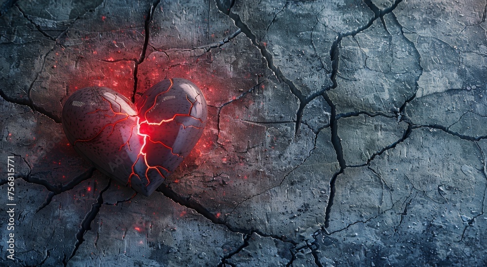 A broken red heart on a dry surface with cracks as a symbol of ...