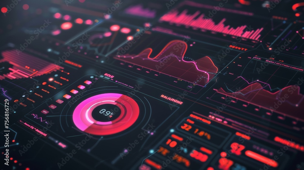 Glassmorphic Digital Dashboard With Translucent Interface And Vibrant Data Visualizations Stock
