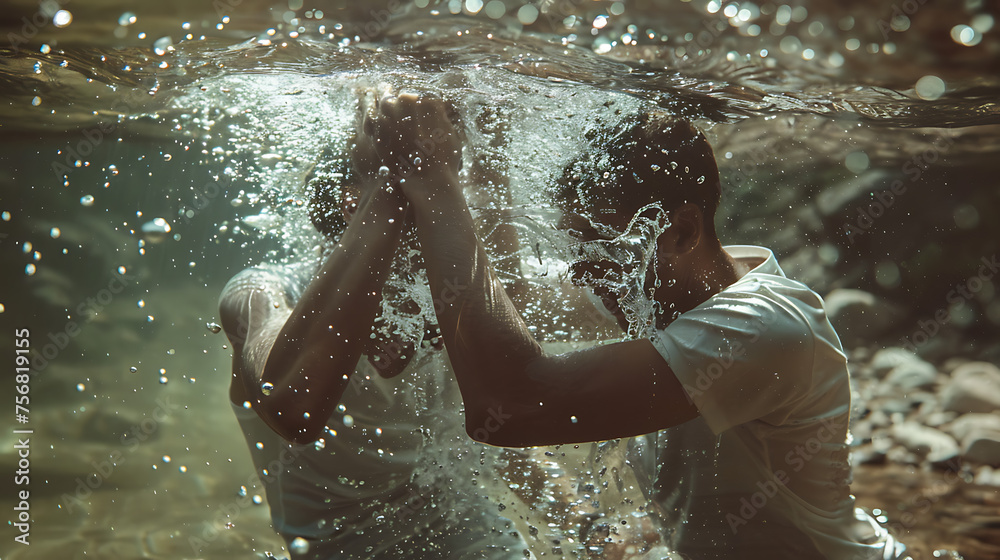 Two people are in the water. One person is wearing a white shirt and ...