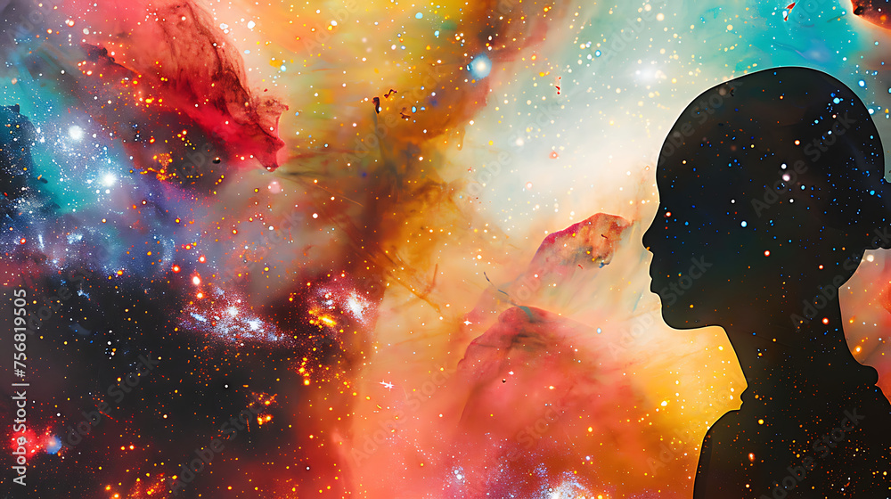 This image portrays a vibrant cosmic scene. On the left, a colorful ...
