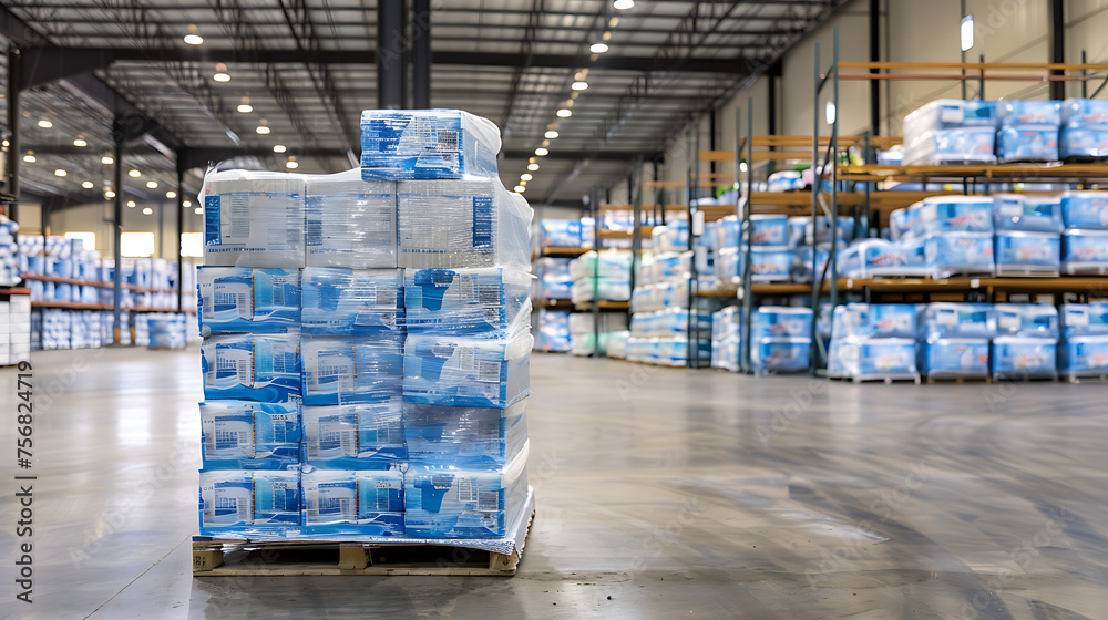 The image depicts a large stack of packaged bath tissue in a warehouse ...