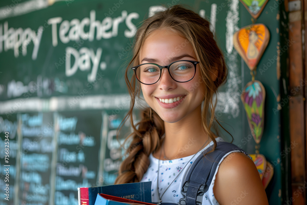 Profesora posando delante de la pizarra en el aula donde está escrita ...