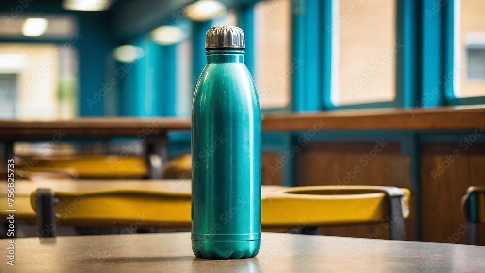 Picture a sleek steel water bottle showcased on a school cafeteria ...
