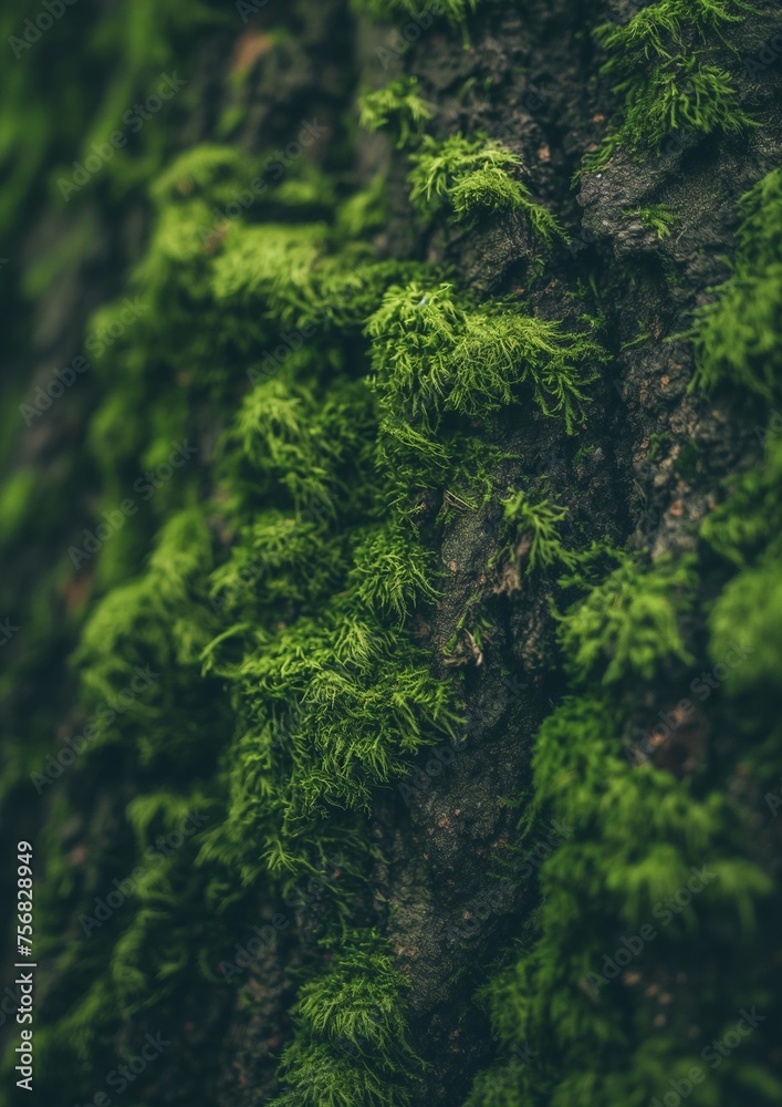 Lush green mossy forest with old tree log background for product ...