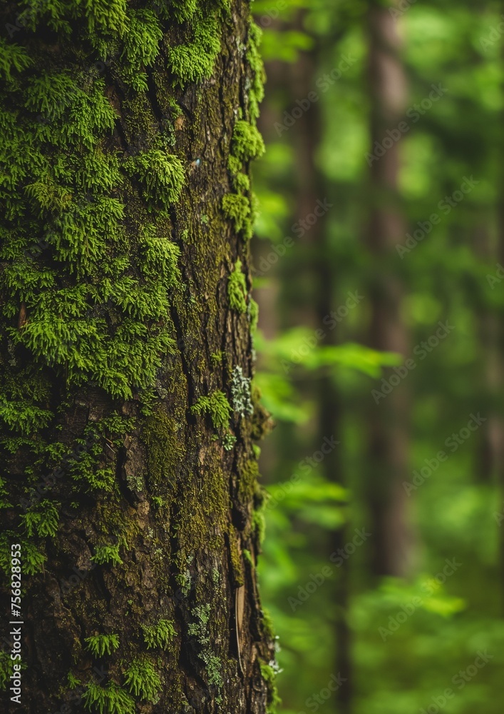 Lush green mossy forest with old tree log background for product ...