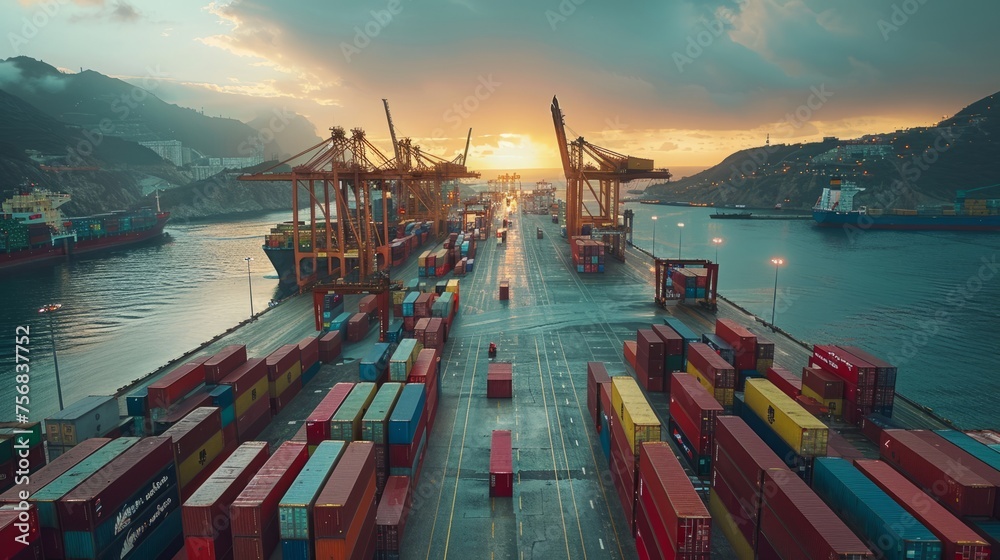 An aerial view shows the complex structure of a seaport with neatly ...