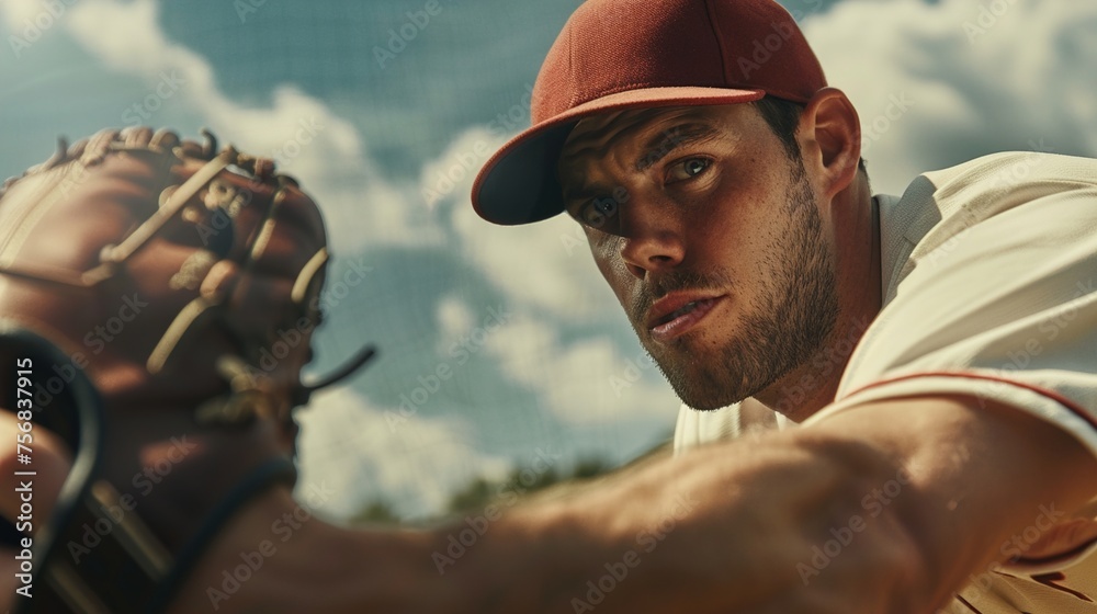A cinematic UHD shot of a baseball pitcher winding up for a powerful ...