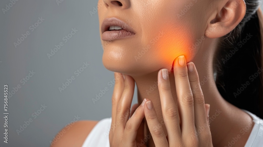 woman with red spot neck pain touching herself on gray background in ...