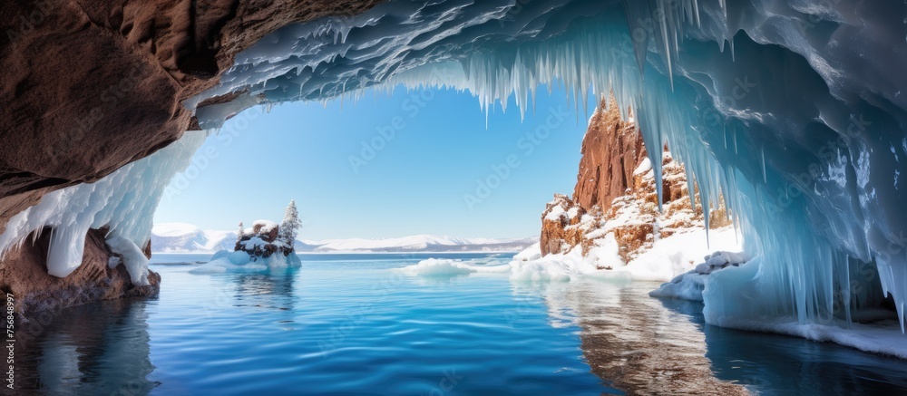 Gazing out from inside the ice cave, the azure sky reflected on the ...