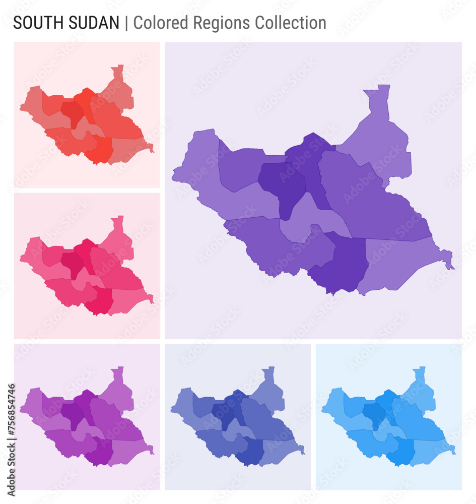 South Sudan map collection. Country shape with colored regions. Deep ...