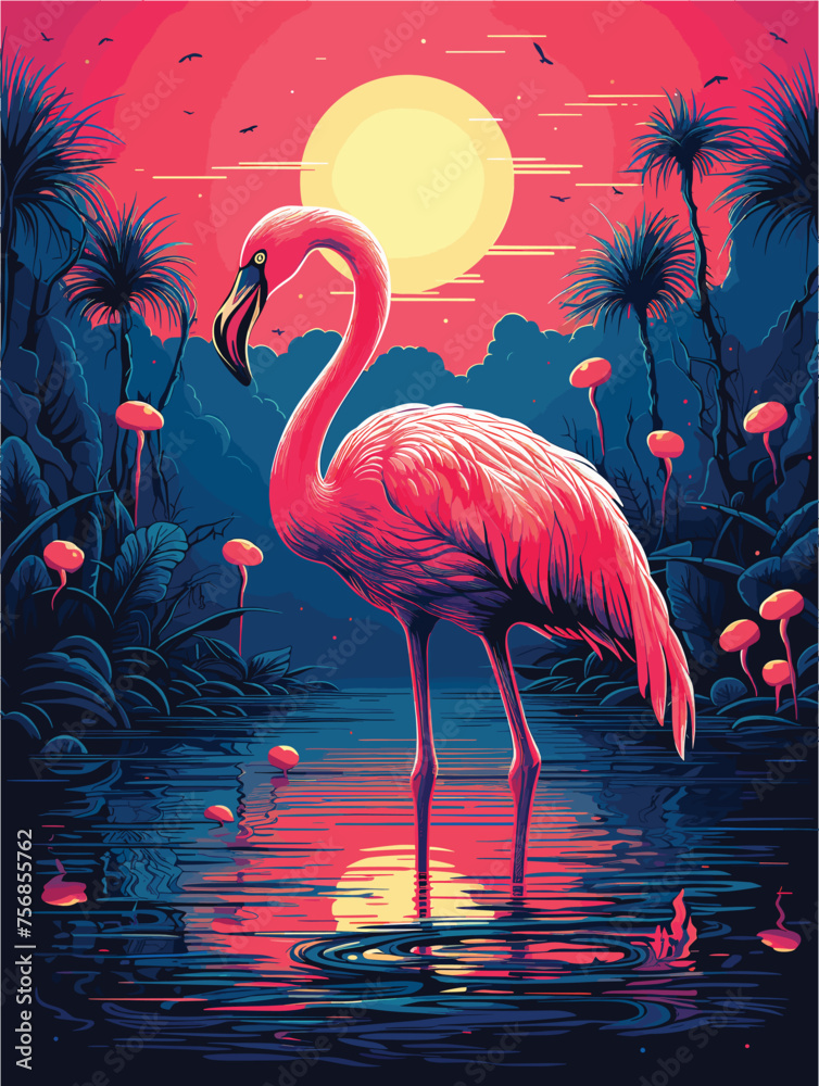 Pink flamingo wallpaper with a blue background and a pink flamingo ...