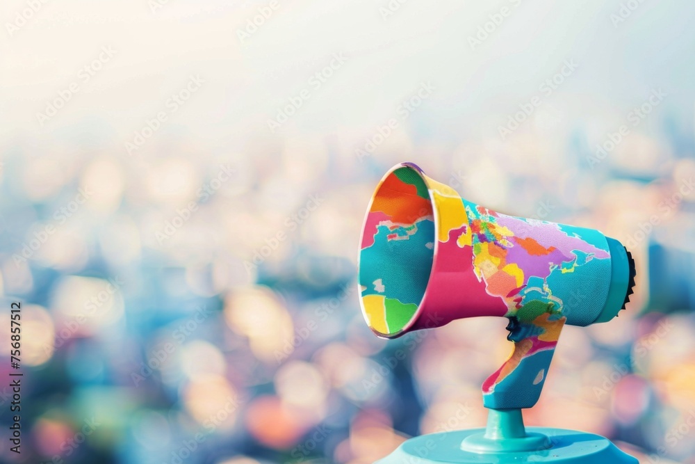 Colorful megaphone with world map pattern - A vibrant megaphone covered ...