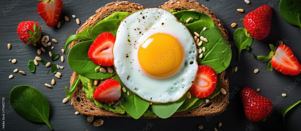 Food dish featuring a fried egg with runny yolk, fresh spinach leaves ...