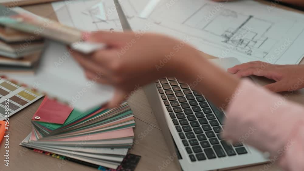 Skilled interior designer using architectural equipment draw blueprint ...