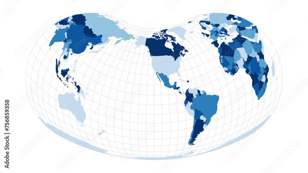 World map in hill eucyclic projection. Loopable rotating map of the ...
