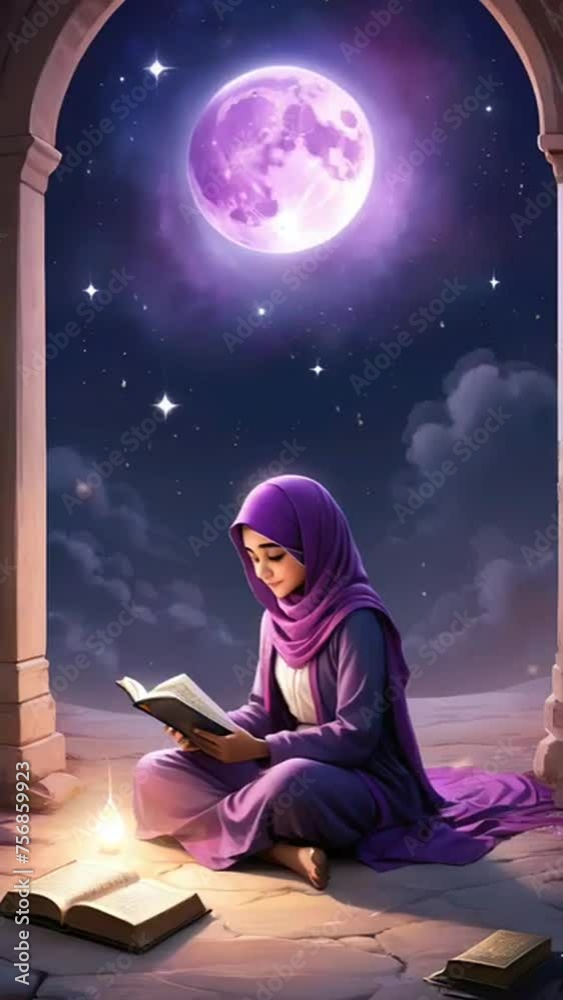 Animated illustration of a Muslim girl reading the holy Qur'an on the ...