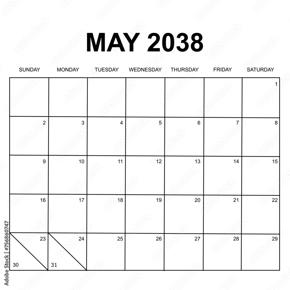 may 2038. monthly calendar design. week starts on sunday. printable ...