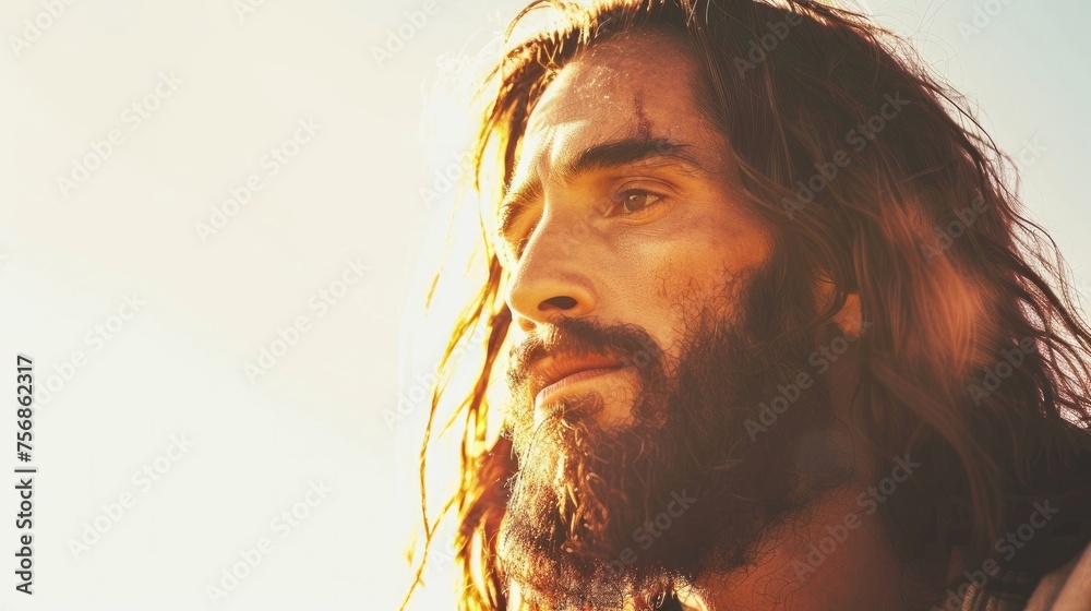 Portrait of Jesus Christ with long hair and beard on sunset background ...