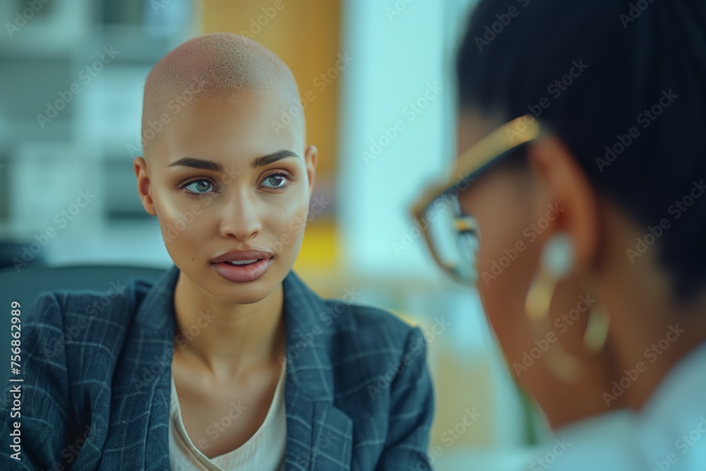 Photography of head hunter talking to bald afroamerican woman trying to ...