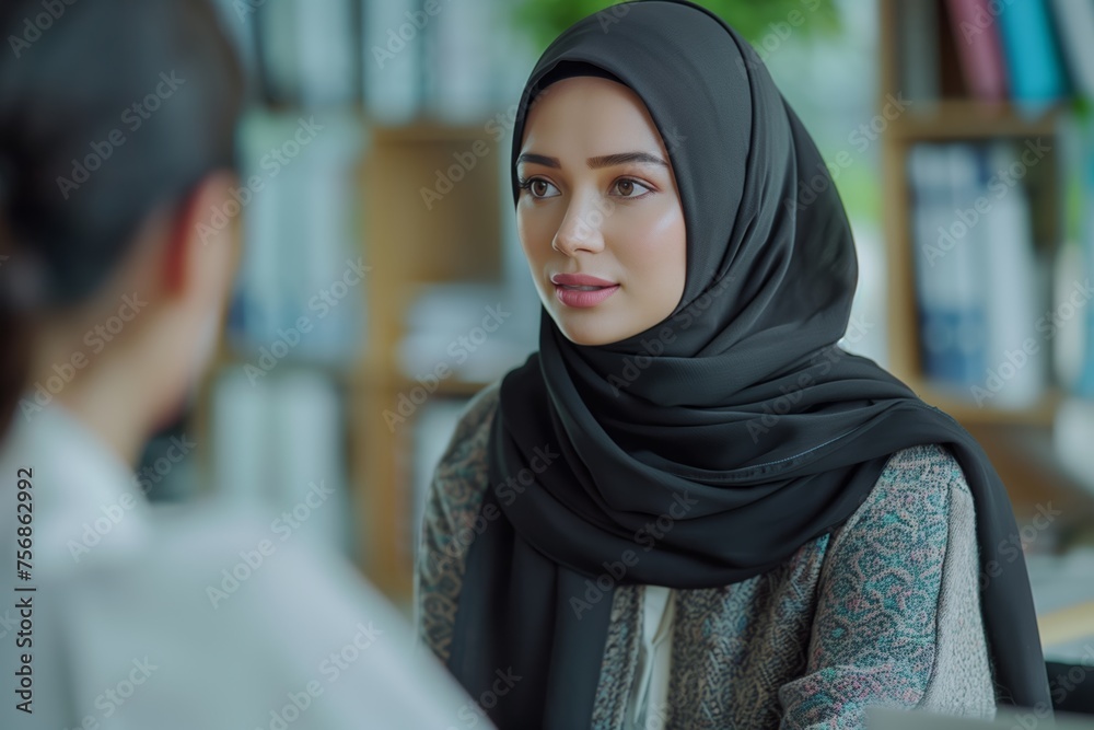 Photography of office worker talking to young arab woman wearing hijab ...