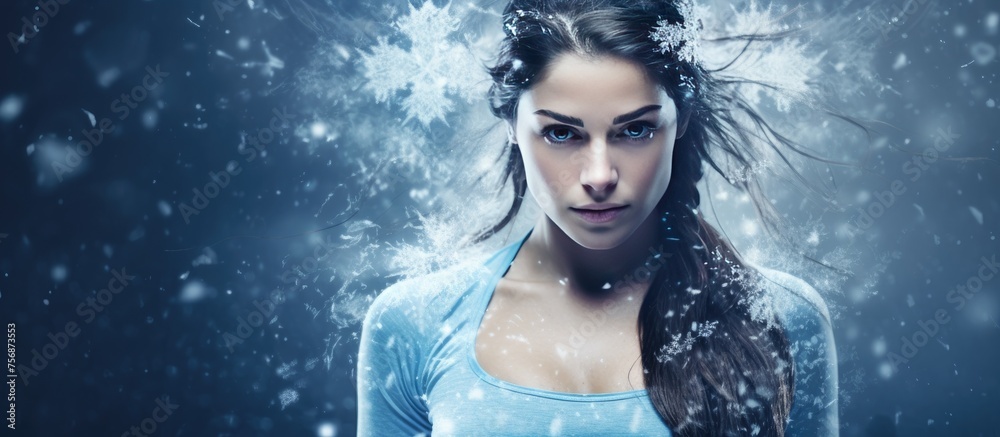 A woman with black hair styled in a chic updo, bold eyebrows, and long ...