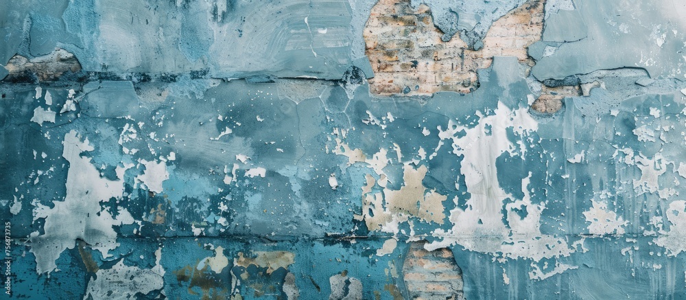 A detailed shot of an azure wall with flaking paint, resembling liquid ...